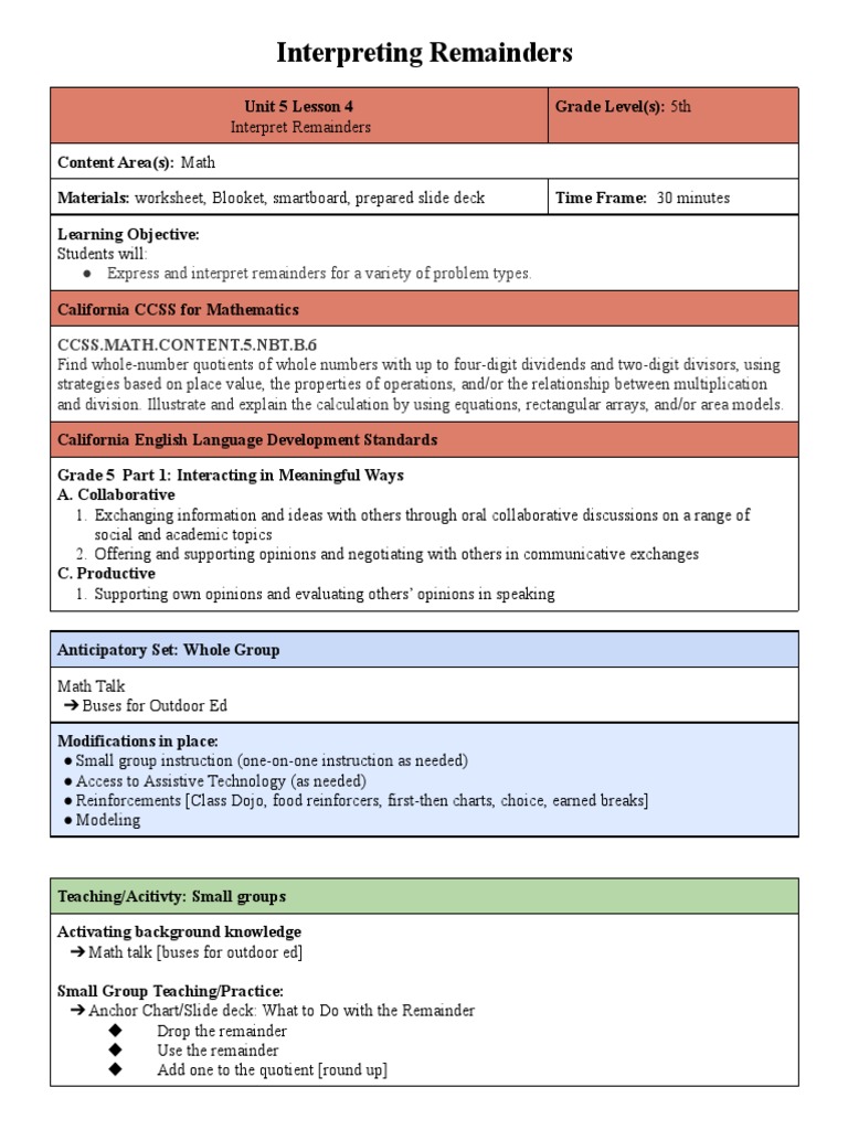 Interpreting Remainders in 5th Grade Math | PDF | Reinforcement ...