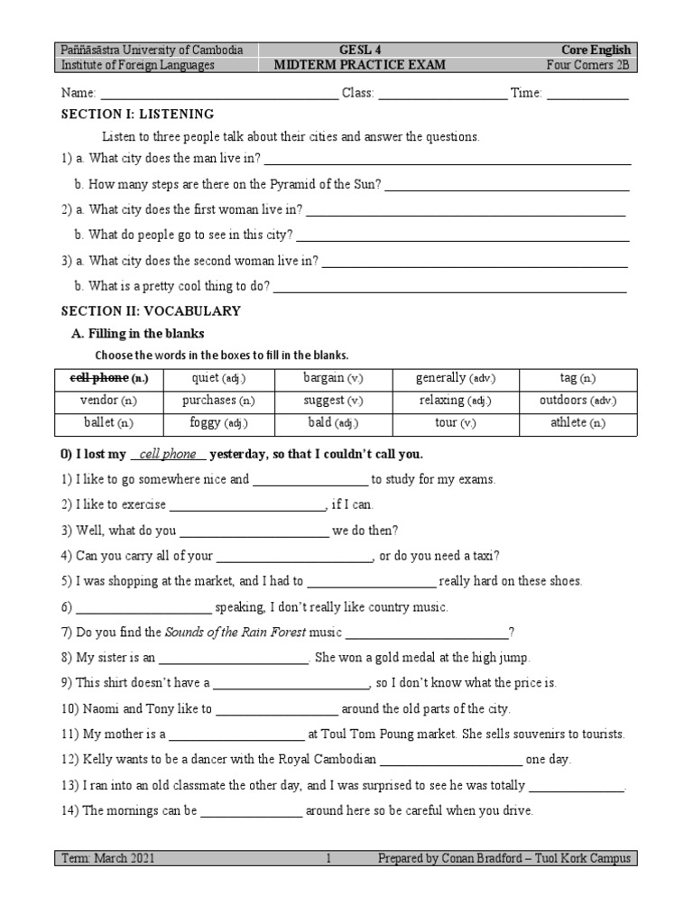 GESL 4 CORE MIDTERM PRACTICE March 2021 | PDF | Cambodia | Phnom Penh
