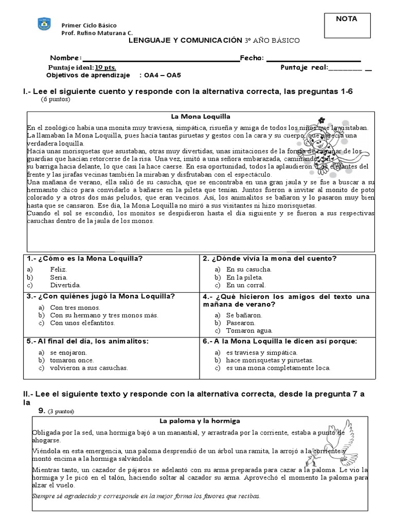 Prueba de Lenguaje 3° BASICO | PDF