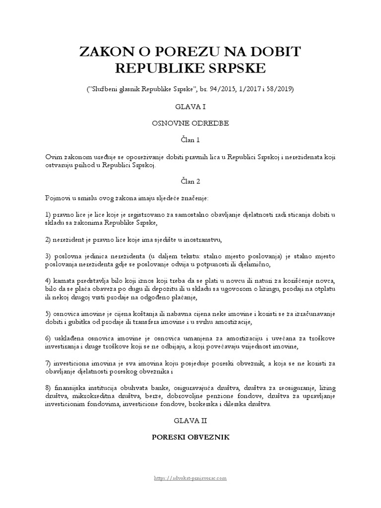 Zakon o Porezu Na Dobit Republike Srpske | PDF