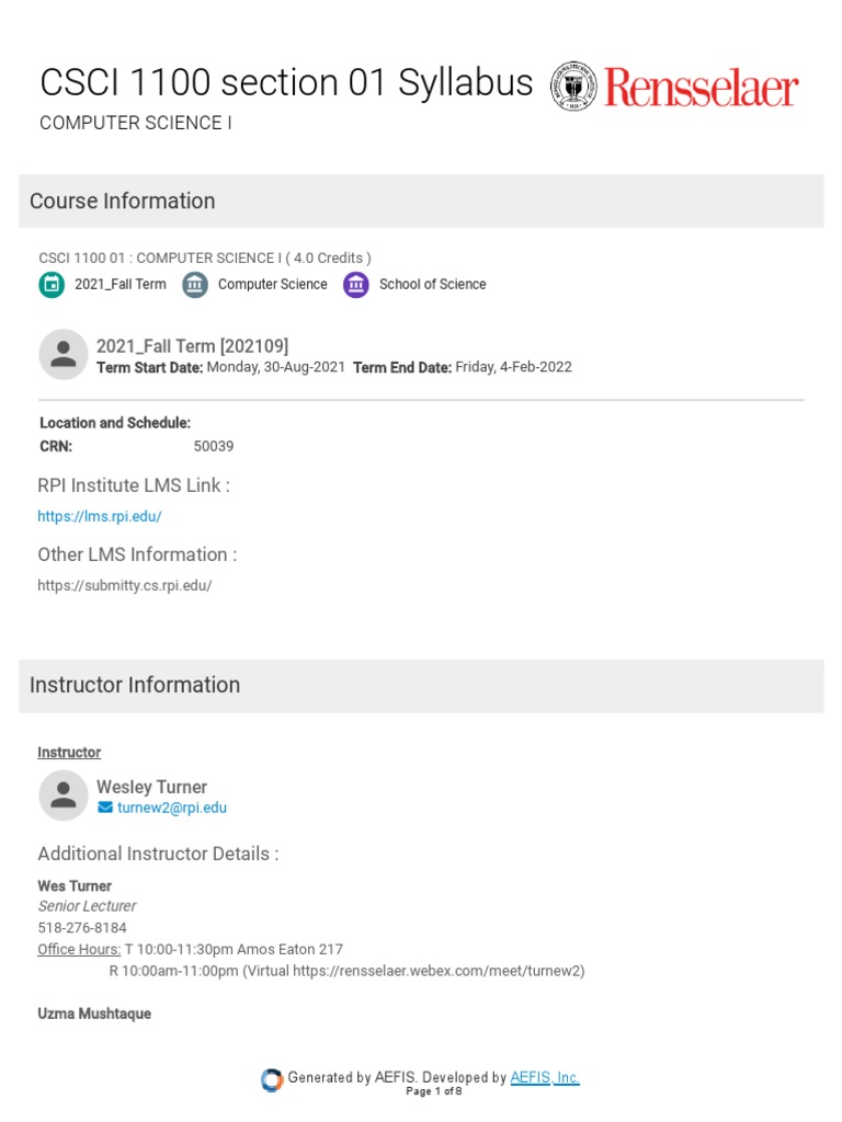 CSCI 1100 Section 01 Syllabus: Course Information | PDF | Test ...