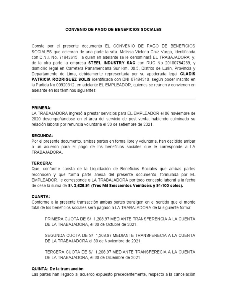 Convenio de Pago de Beneficios Sociales | PDF | Gobierno