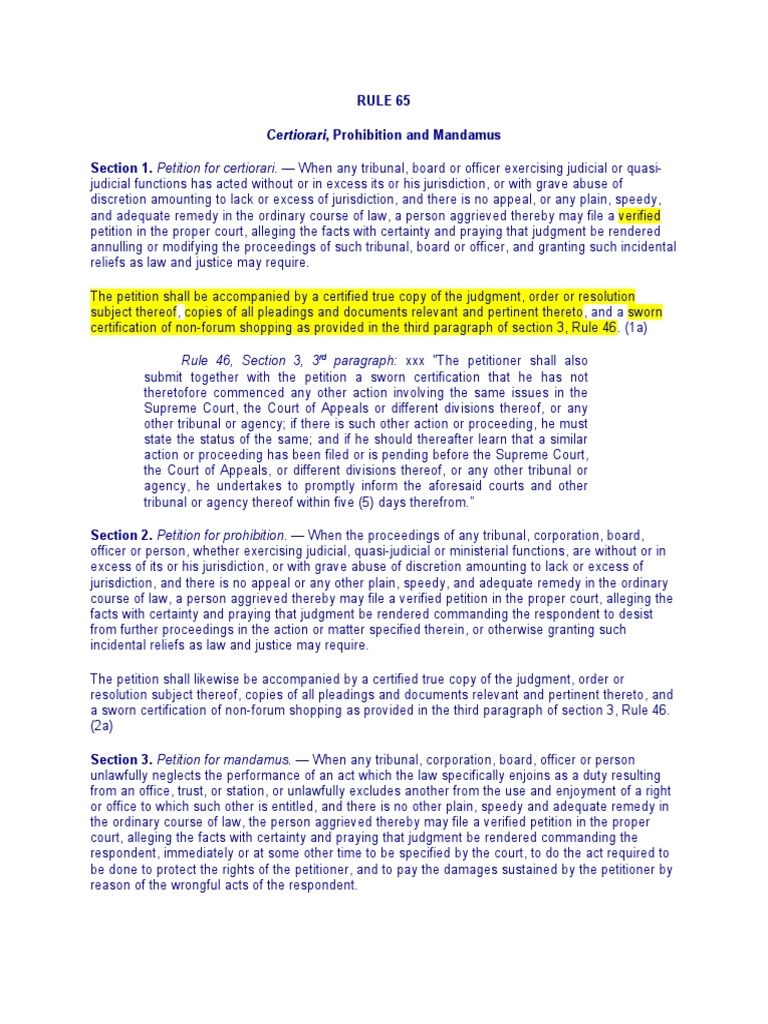 RULE 65 Requirements | PDF | Certiorari | Judgment (Law)