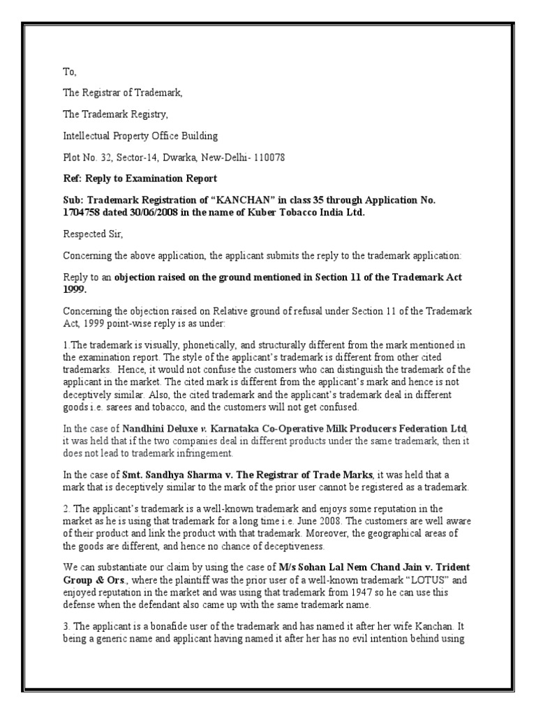 Reply To Trademark Objection | PDF | Trademark | Monopoly (Economics)
