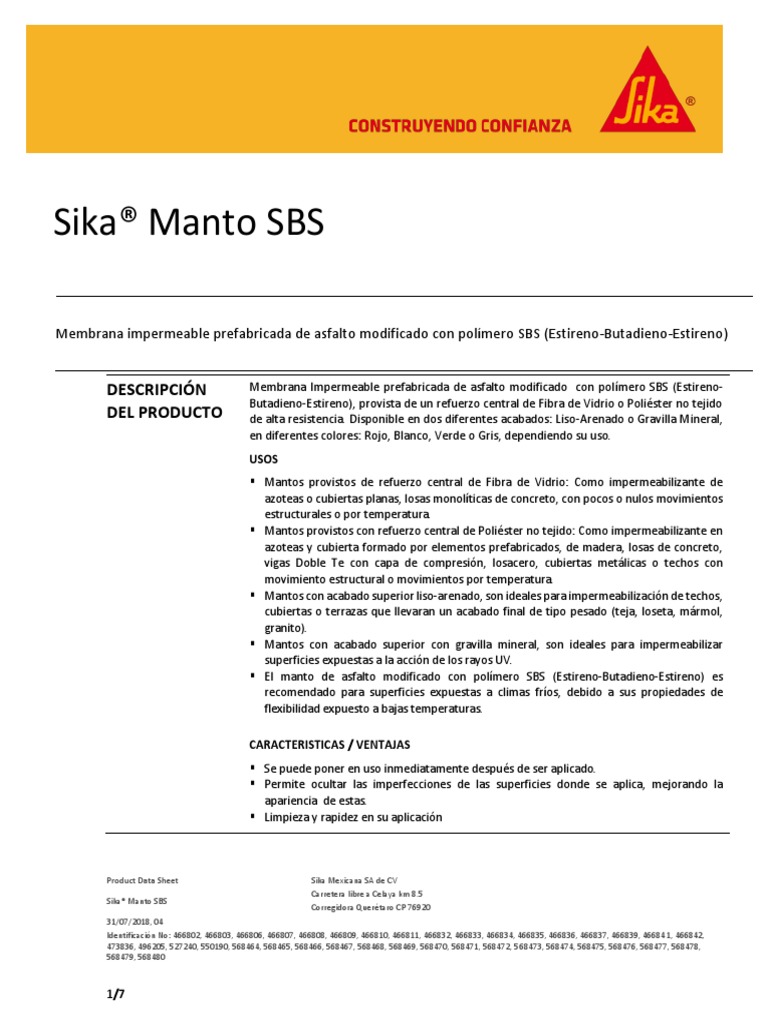 Manto Asfaltico Impermeable Sika Manto Sbs 3 | PDF | Hormigón | Agua