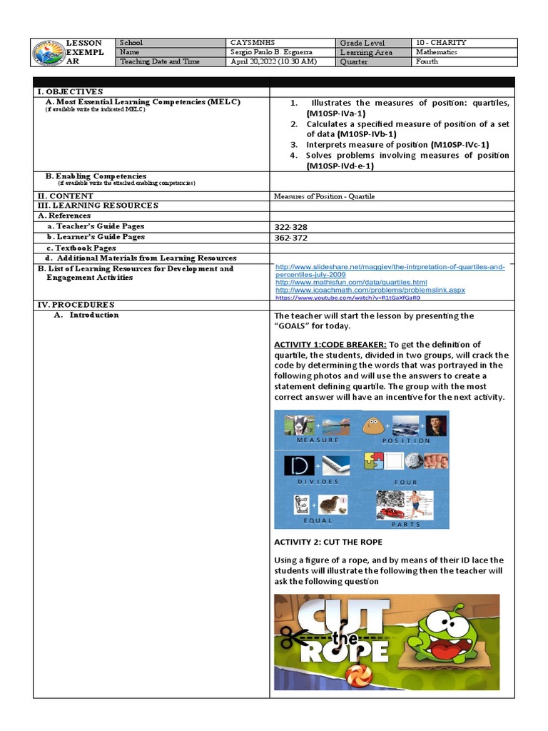Grade 10 Math: Measures of Position | PDF | Quartile | Teachers