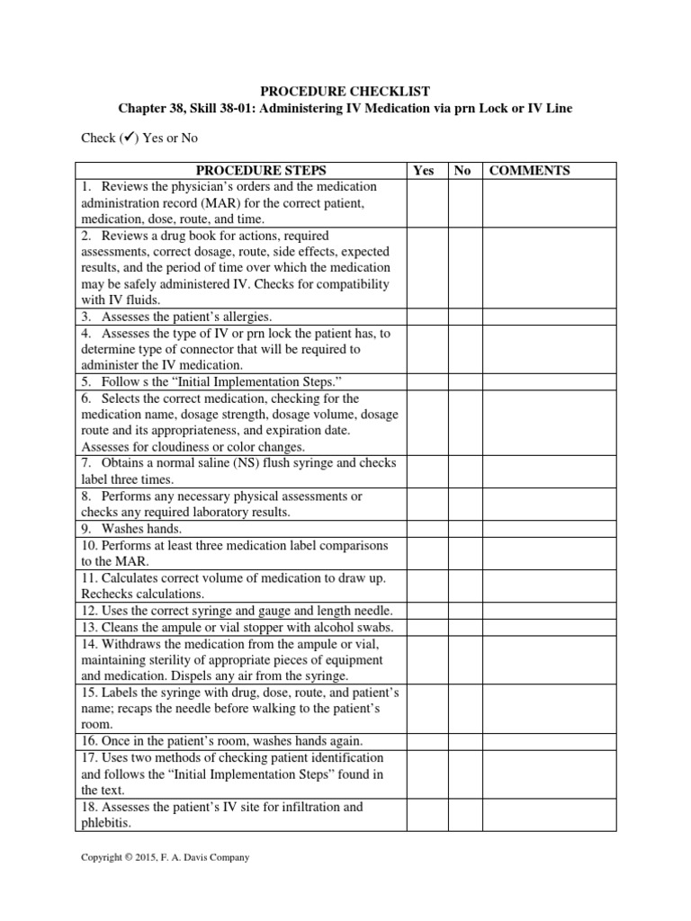 Procedure Checklist Chapter 38, Skill 38-01: Administering IV ...