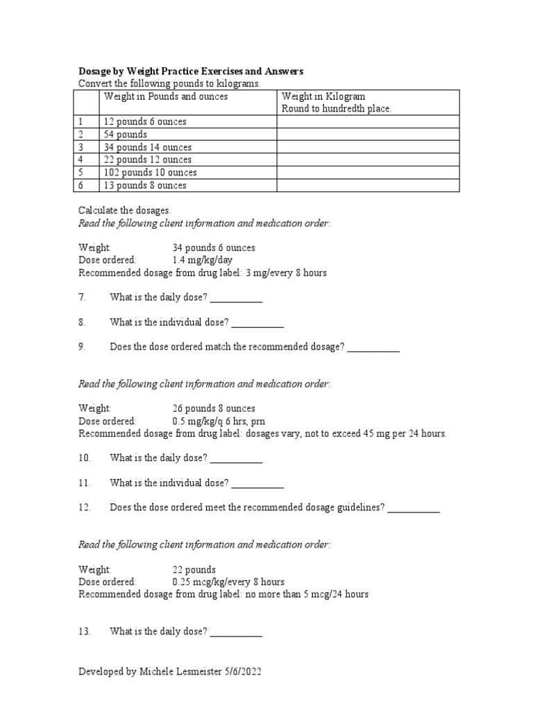 Dosage by Weight Exercises and Answers | PDF | Chemistry | Dose ...