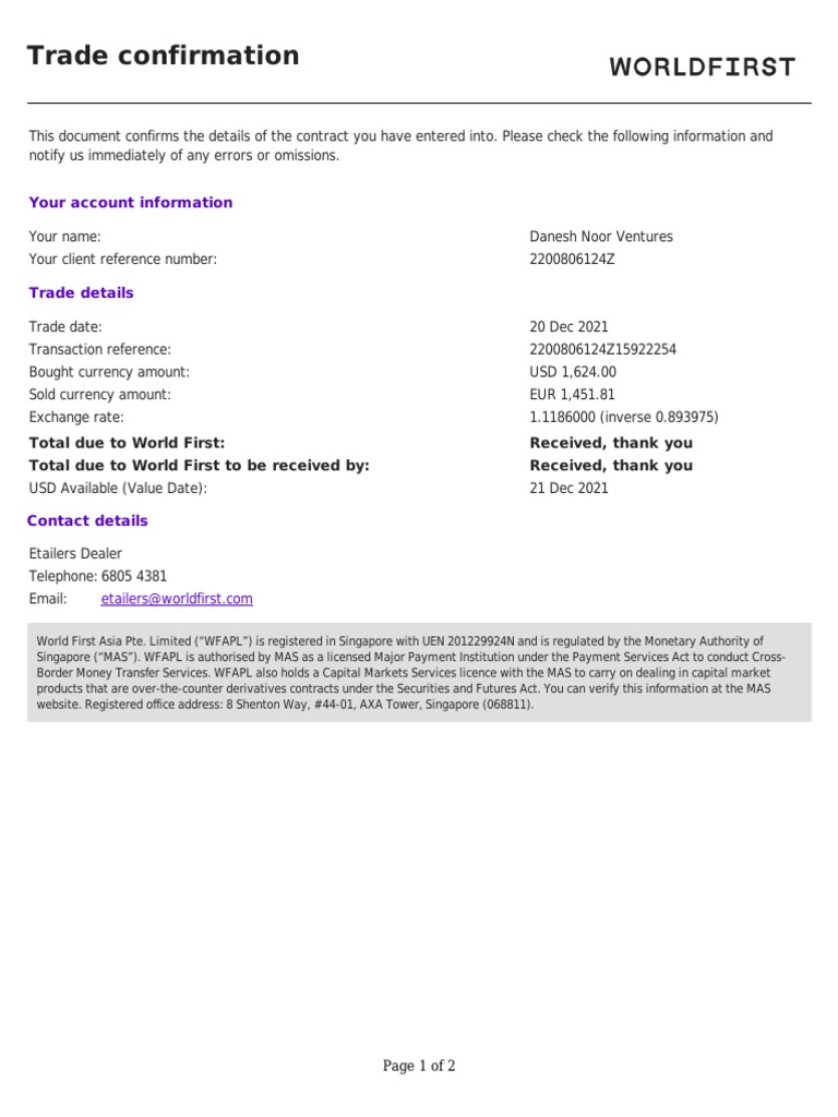WorldFirst Trade Confirmation - Ref 2200806124Z15922254 On 201221 | PDF ...