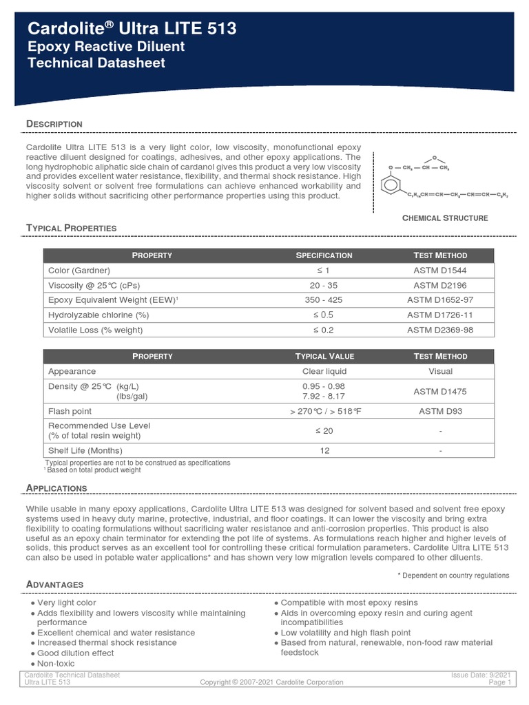 Cardolite Ultra LITE 513: Epoxy Reactive Diluent Technical Datasheet ...