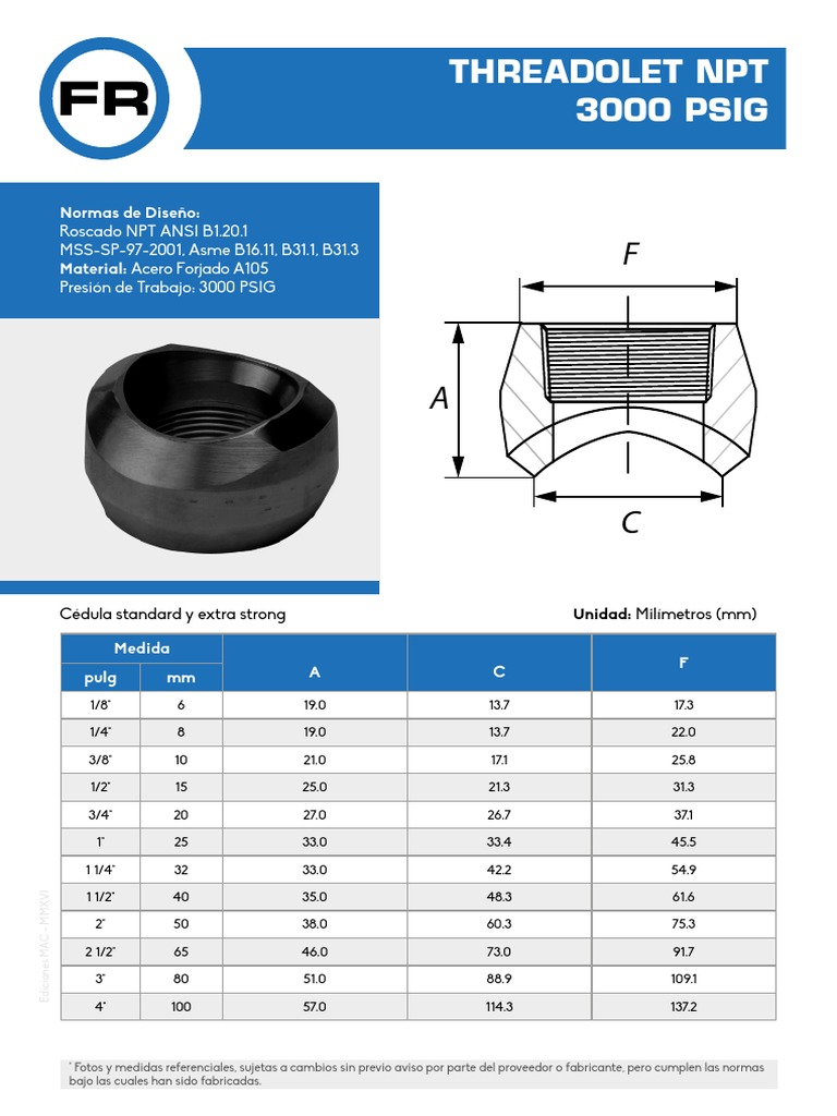 Especificaciones del Threadolet NPT 3000 | PDF