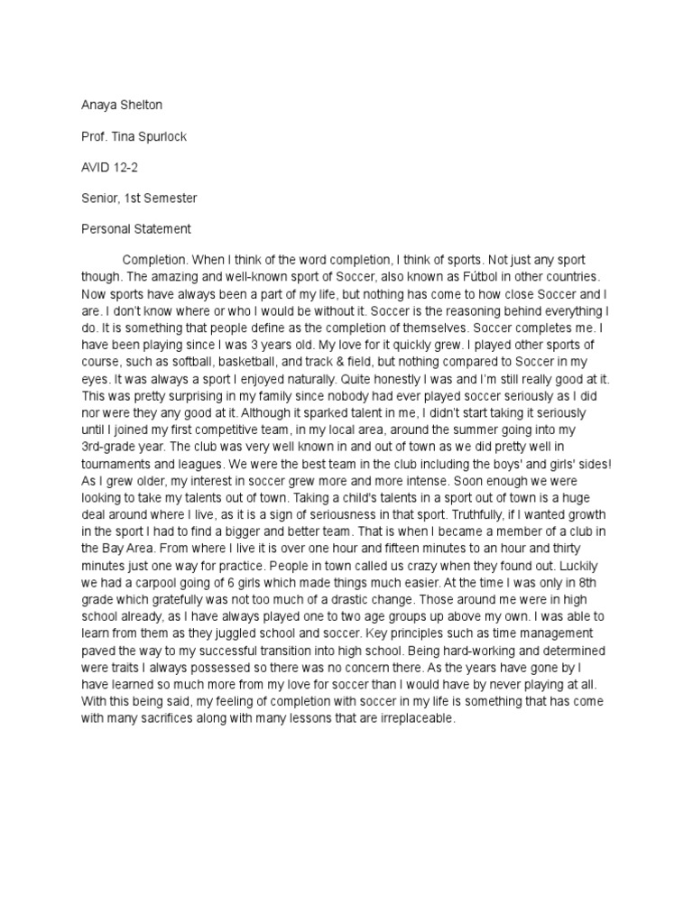 My Journey with Soccer: A Personal Statement | PDF | Sports & Recreation