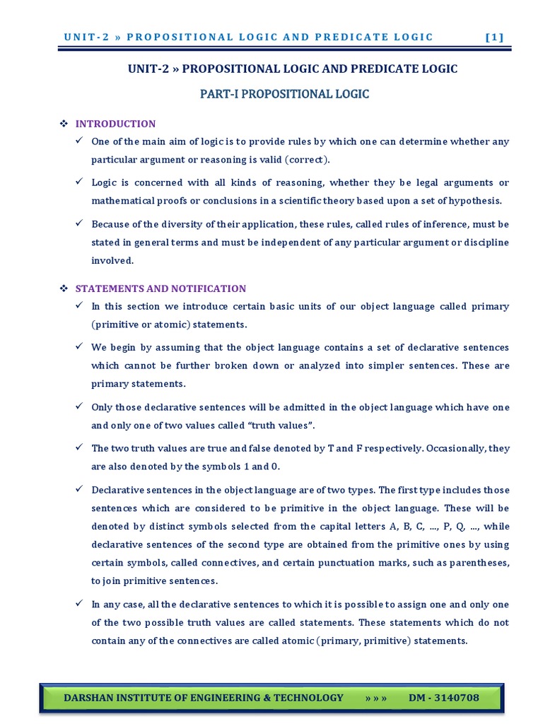 Unit-2 Propositional Logic and Predicate Logic | PDF | Logic | First ...