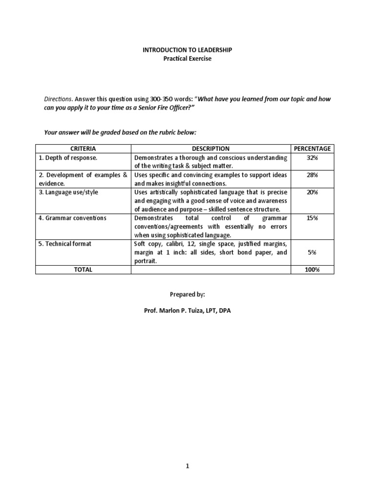 Introduction To Leadership Practical Exercise | PDF