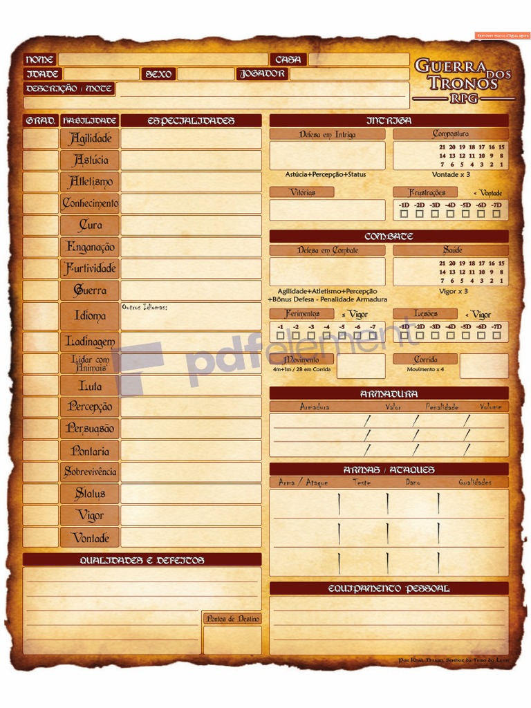 Guerra Dos Tronos RPG - Ficha de Personagem (Editável) | PDF