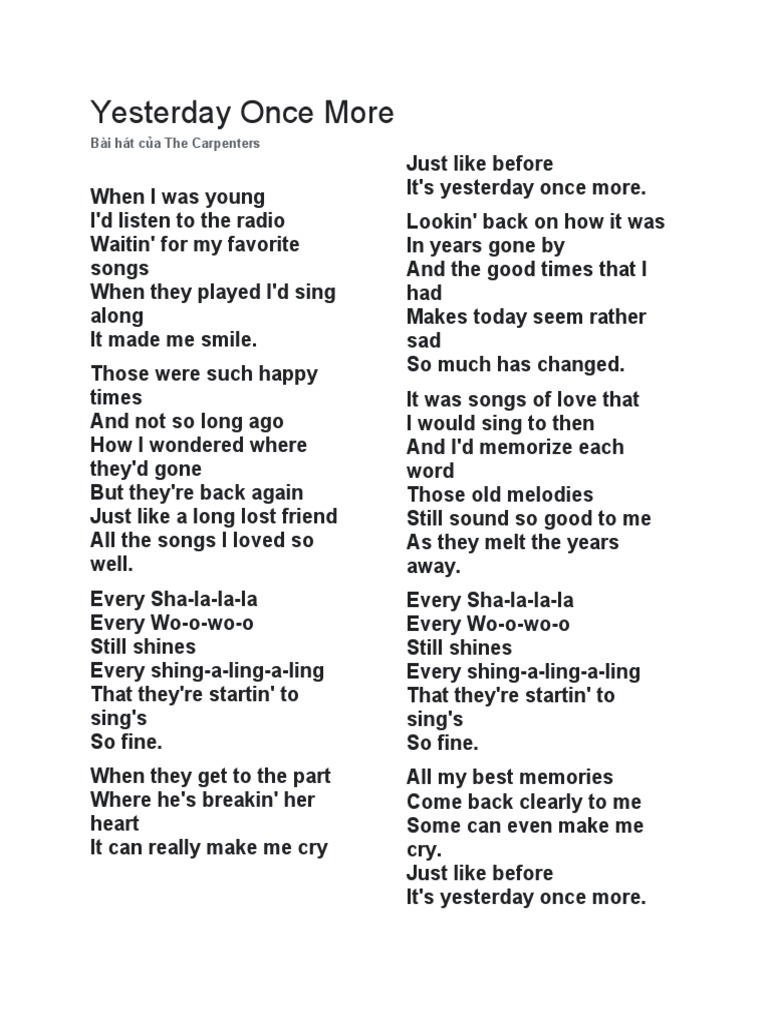 Yesterday Once More: Bài Hát C A The Carpenters | PDF | Poetry