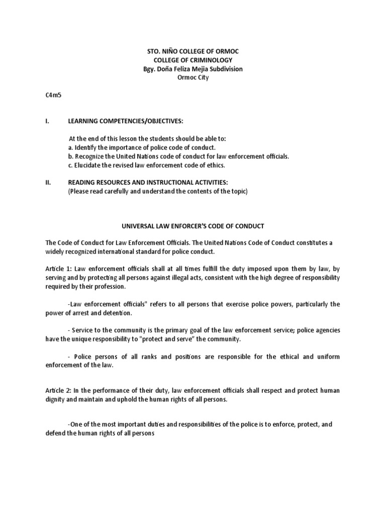Ethics Module 5 Universal Law Enforcers Code of Conduct | PDF | Police ...
