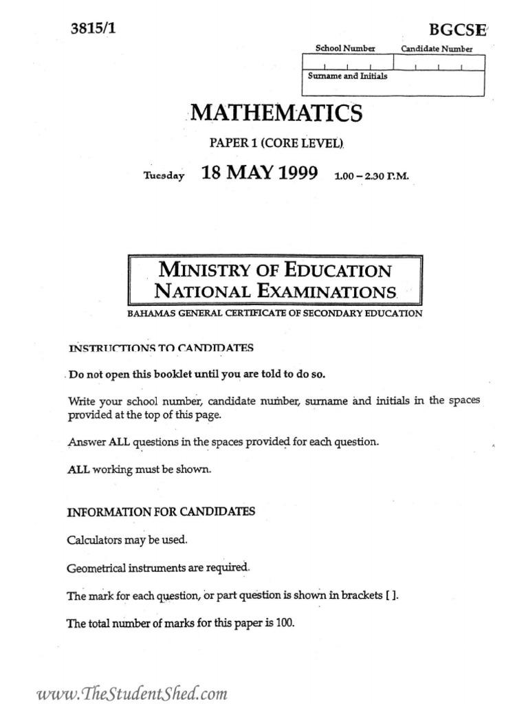 BGCSE Math 1999 Answers | PDF