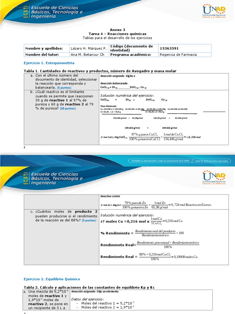 Anexo 3. Tarea 4. Reacciones Químicas. | PDF | Equilibrio químico | Mole (Unidad)