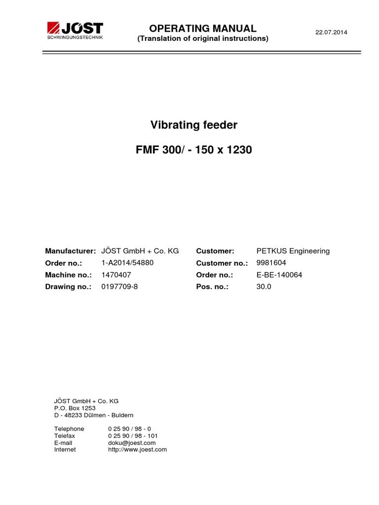 Vibrating Feeder FMF 300/ - 150 X 1230: Operating Manual | PDF | Nut ...