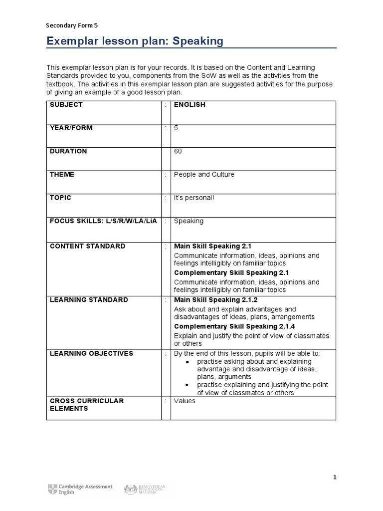 Form 5 Speaking Skills Lesson Plan | PDF | Lesson Plan | Learning