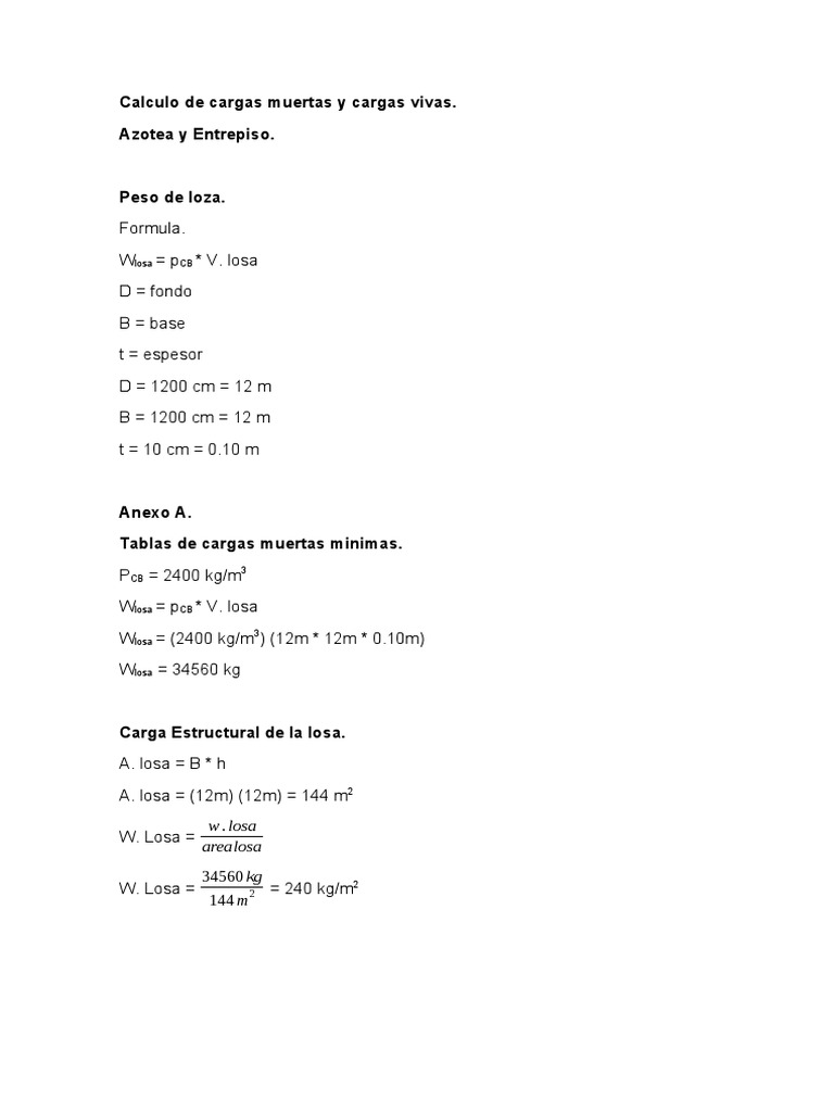Calculo de Cargas Muertas y Cargas Vivas | PDF | Hormigón | Elementos ...