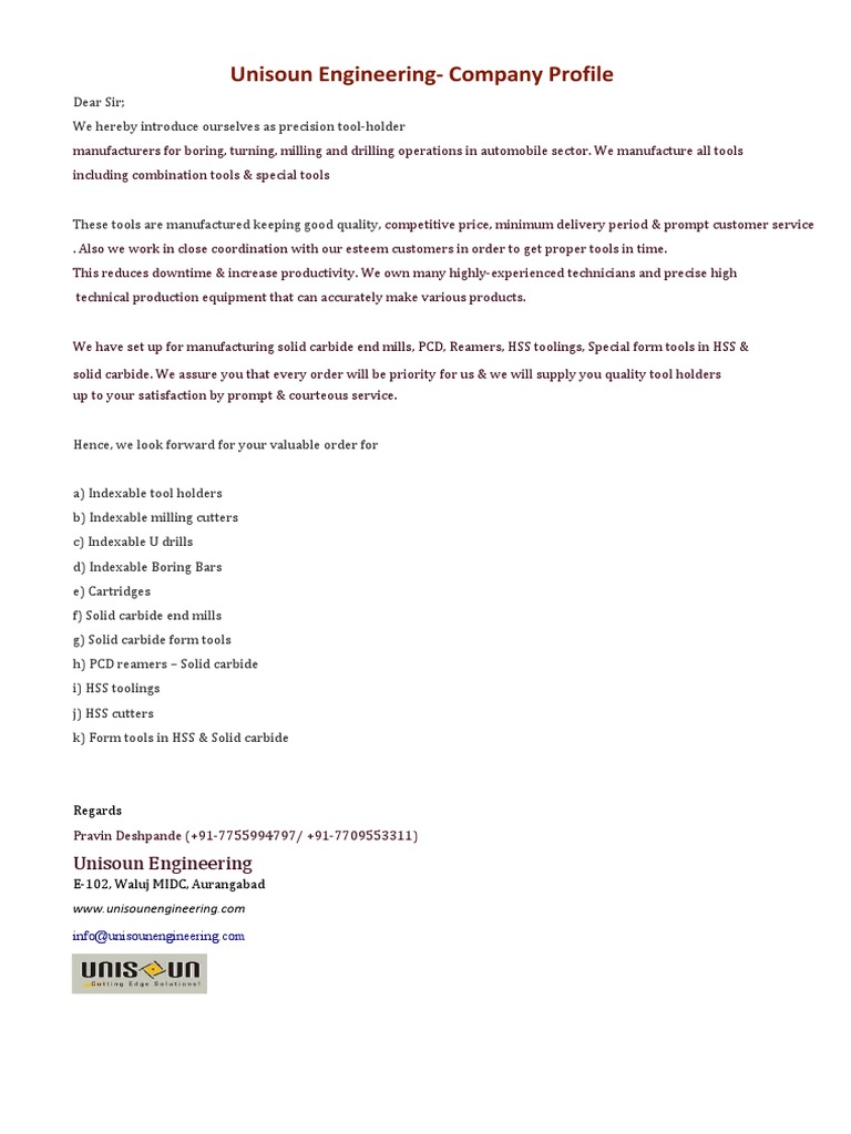 Unisoun Engineering Tool Holders Profile | PDF | Technology & Engineering