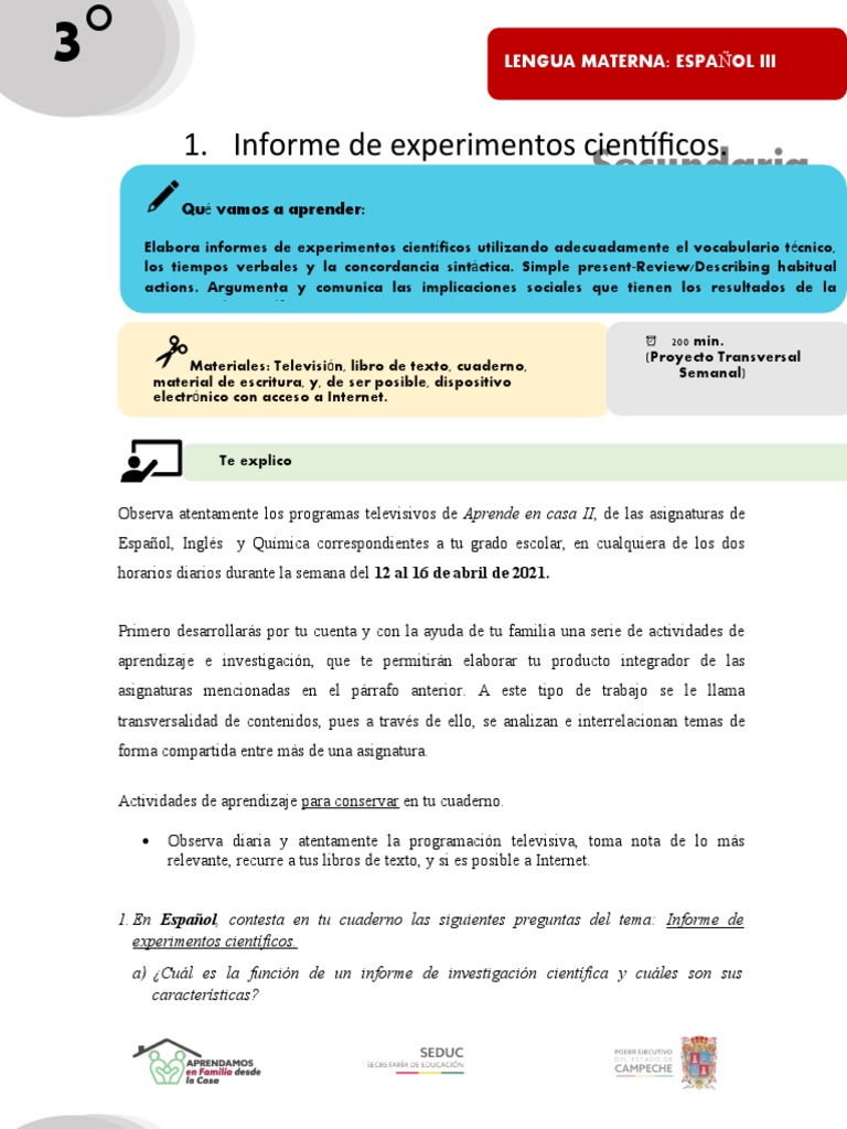 Secundaria: 1. Informe de Experimentos Científicos | PDF | Experimentar ...