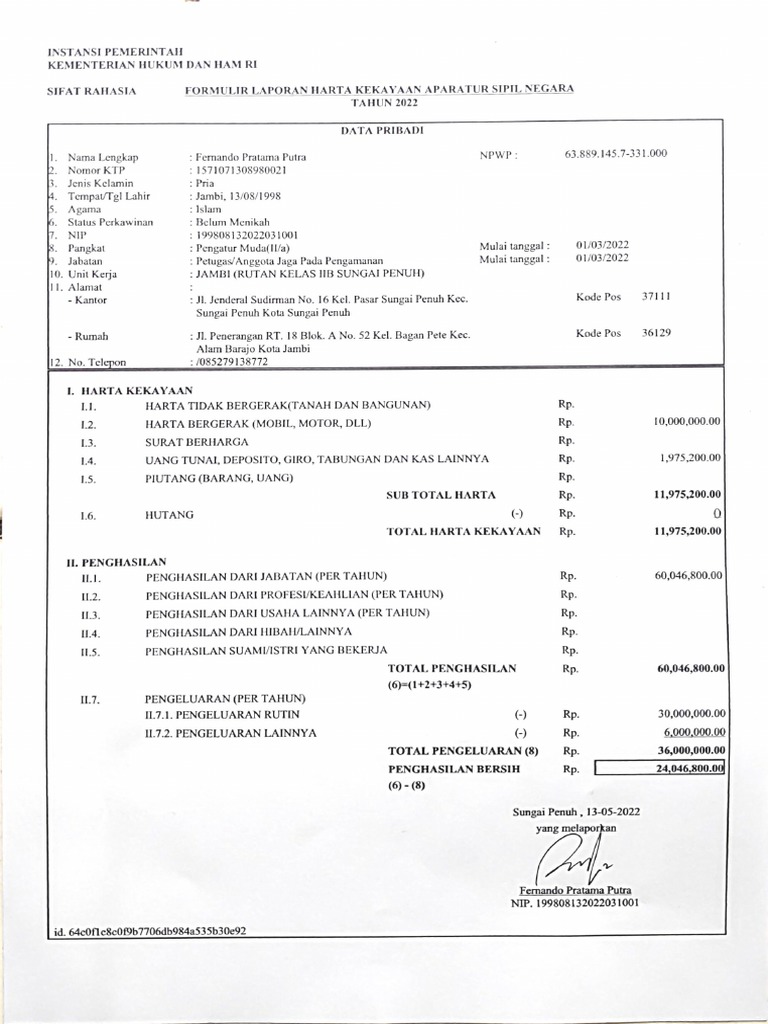 Form Laporan Harta Kekayaan | PDF