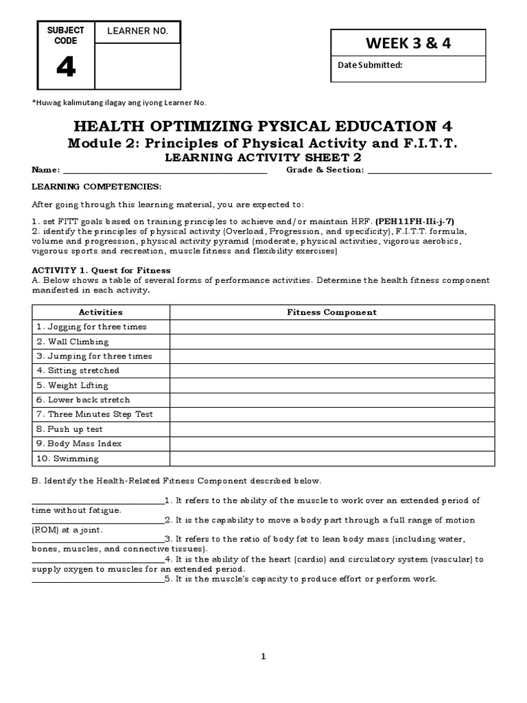 Health Optimizing Pysical Education 4: Week 3 & 4 | PDF | Physical ...