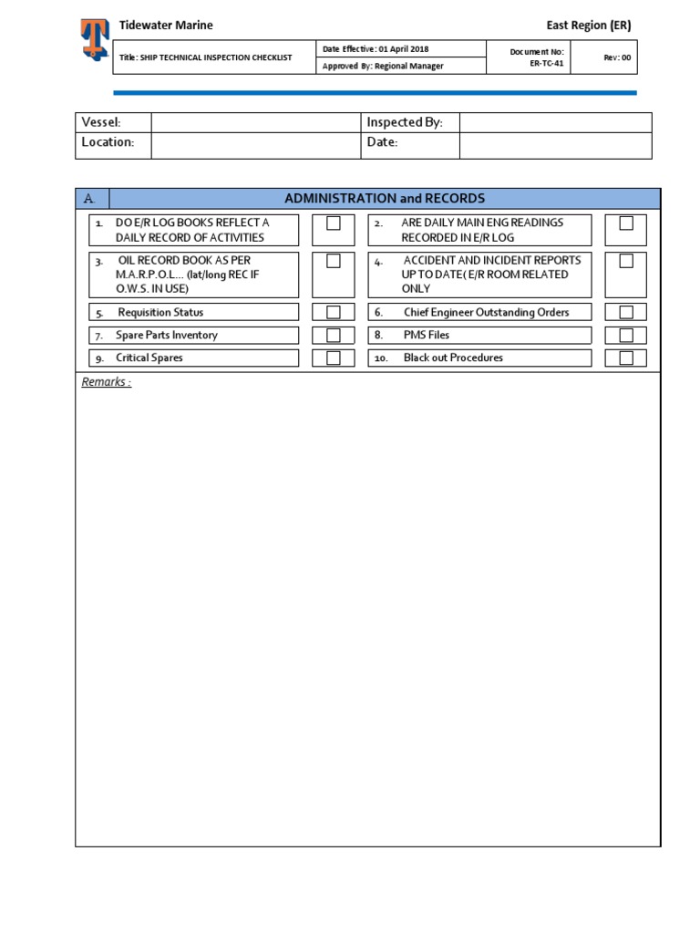 ER-TC-41-Ship Technical Inspection Checklist | PDF | Manufactured Goods ...
