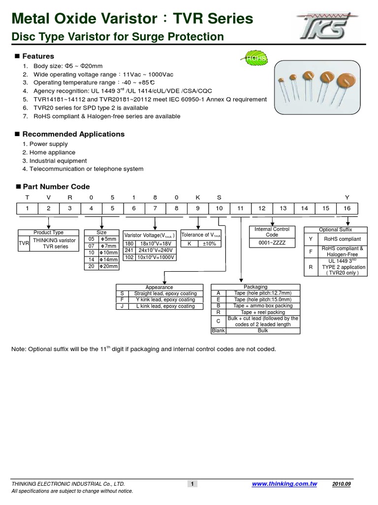 TVR Series Varistor Datasheet | PDF | Physical Quantities | Electricity