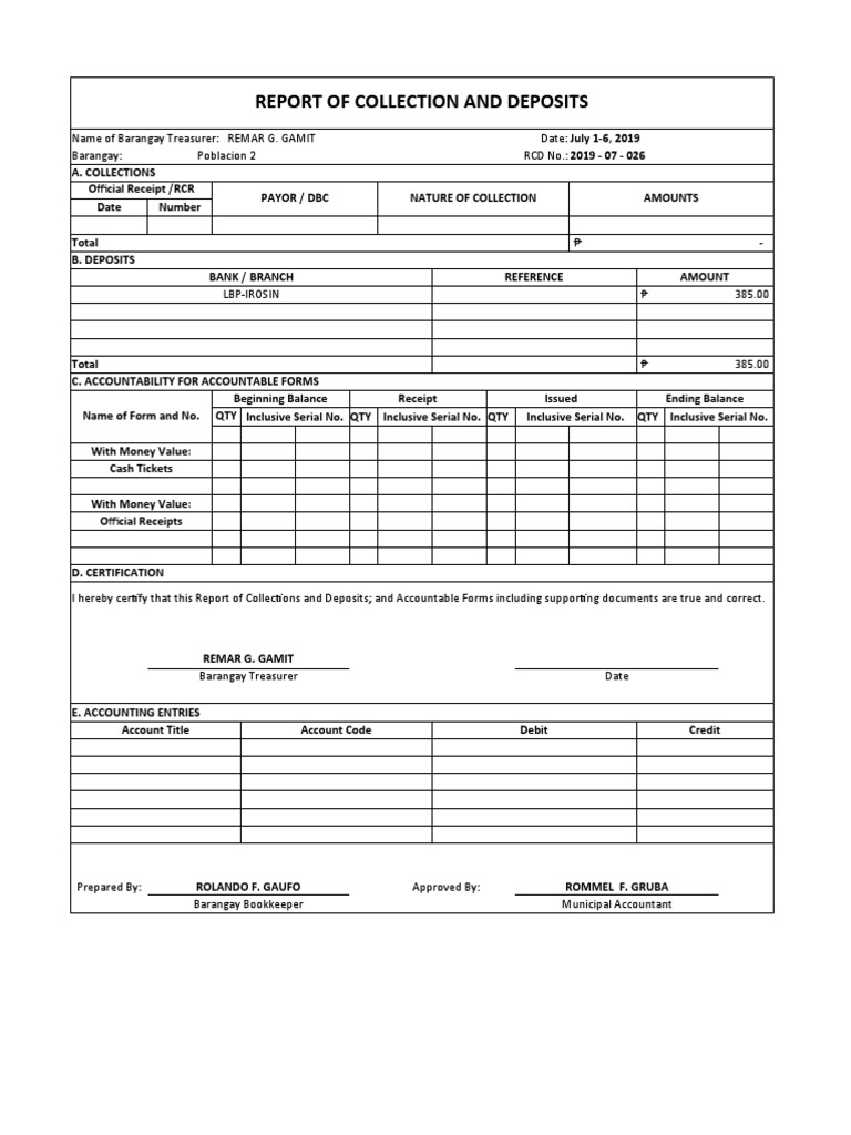 Report on Barangay Clearance Fee Collections and Deposits for Poblacion ...