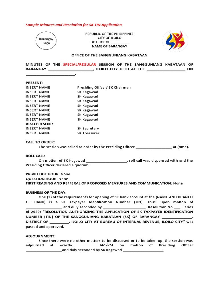 Sample Minutes and Resolution For SK TIN Application | PDF | Justice ...