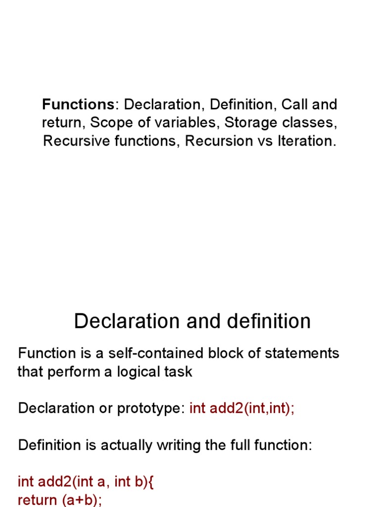 Functions: Declaration, Definition, Call and | PDF | Scope (Computer ...