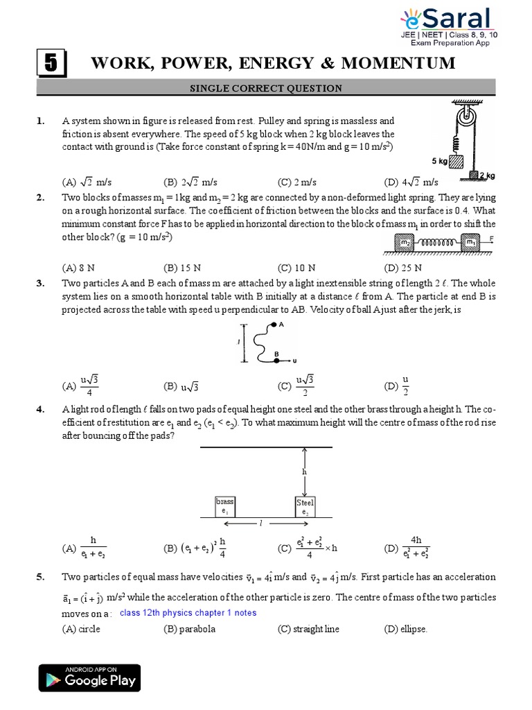 WORK, POWER, ENERGY & MOMENTUM Important Questions | PDF | Force ...