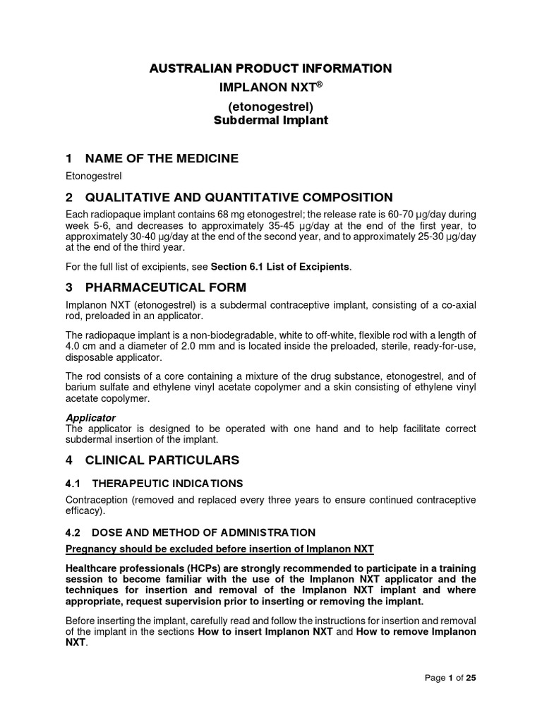 Australian Product Information Implanon NXT (Etonogestrel) Subdermal ...