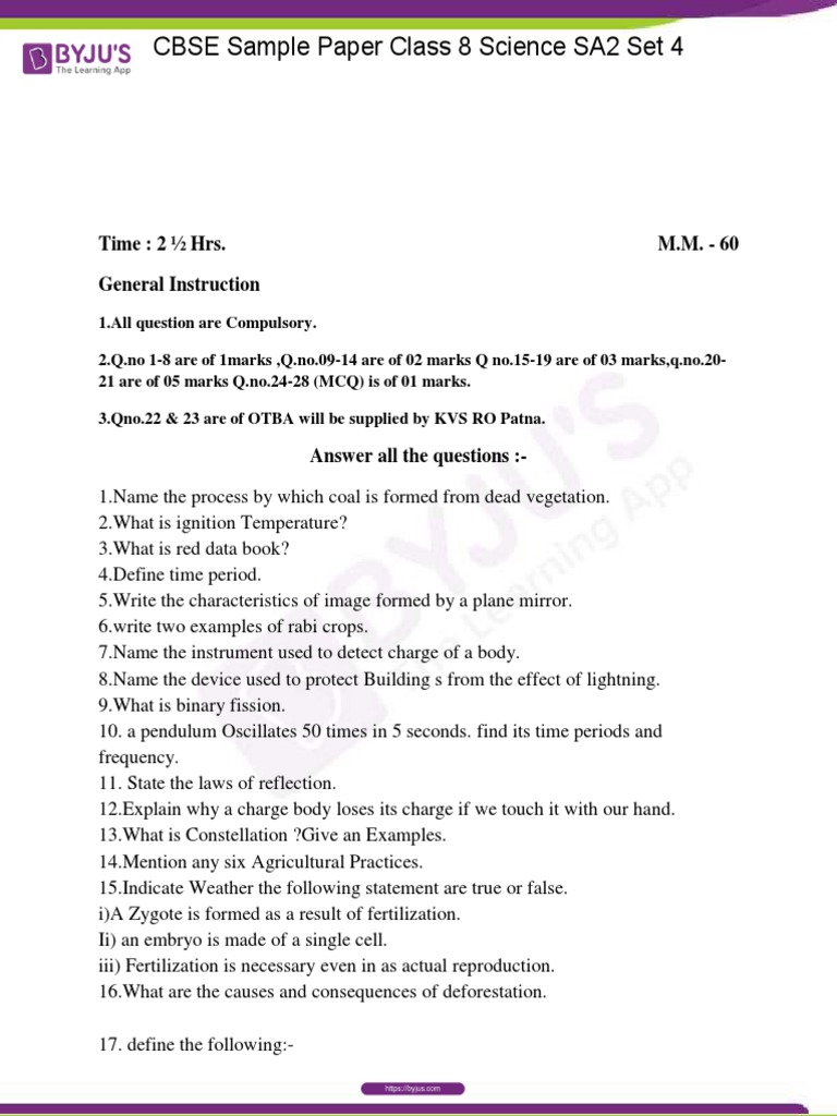CBSE Sample Paper Class 8 Science SA2 Set 4 | PDF | Nature | Organisms