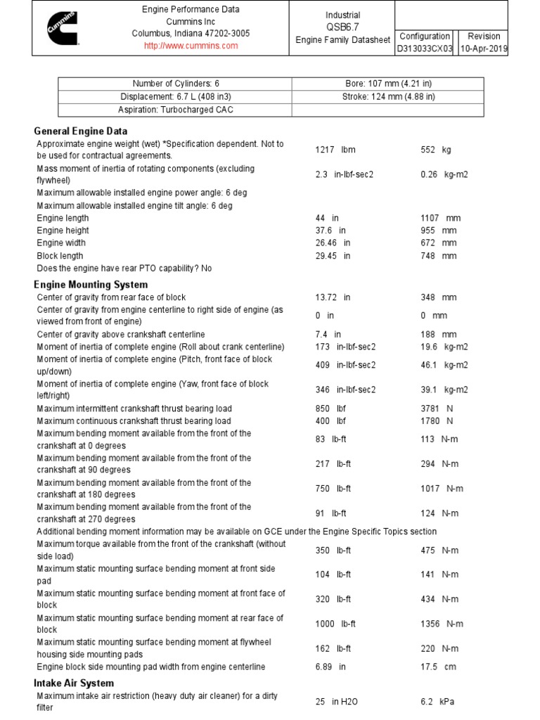 QSB6.7 Engine Specs & Performance | PDF | Turbocharger | Engines