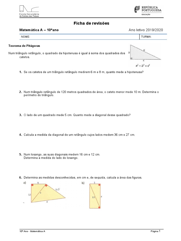 Ficha De Revisão Sobre O Teorema De Pitágoras E Problemas Relacionados