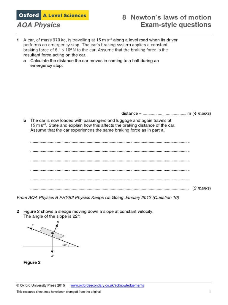 AQA Physics: 8 Newton's Laws of Motion Exam-Style Questions | PDF ...