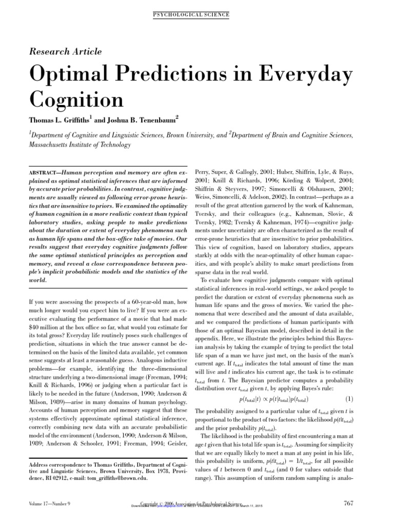 Optimal Predictions in Everyday Cognition: Research Article | PDF ...