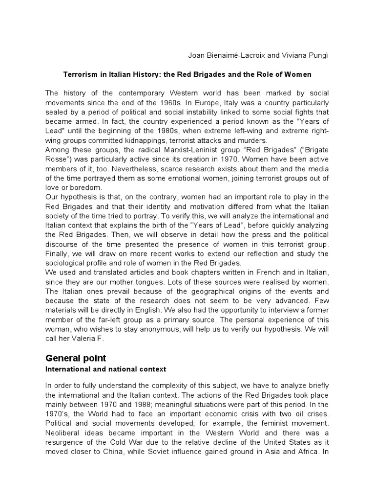 Terrorism in Italian History - The Red Brigades and The Role of Women ...