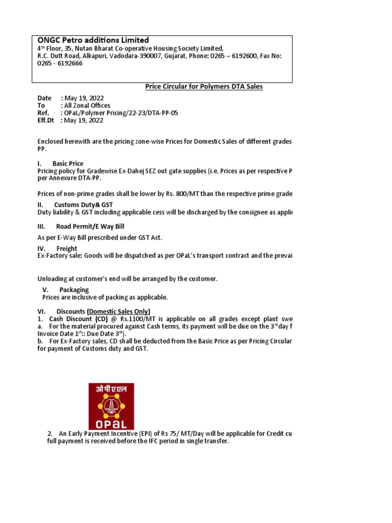 OPaL Dahej SEZ Price Circular for Polymers DTA Sales: Zone-wise Basic ...