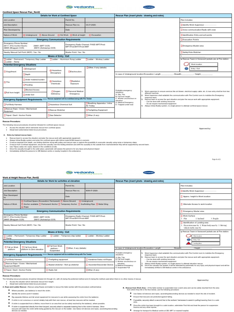 WAH & Confined Space Rescue Plan Formats 1 | PDF | Occupational Safety And Health | Safety