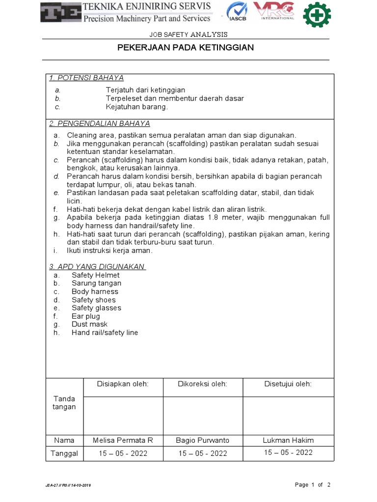 JSA-29 Pekerjaan Pada Ketinggian | PDF