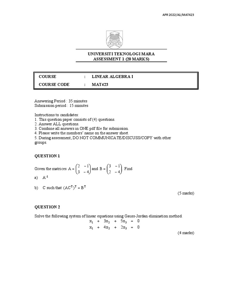 MAT423 Assessment 1 Guidelines | PDF | Teaching Methods & Materials