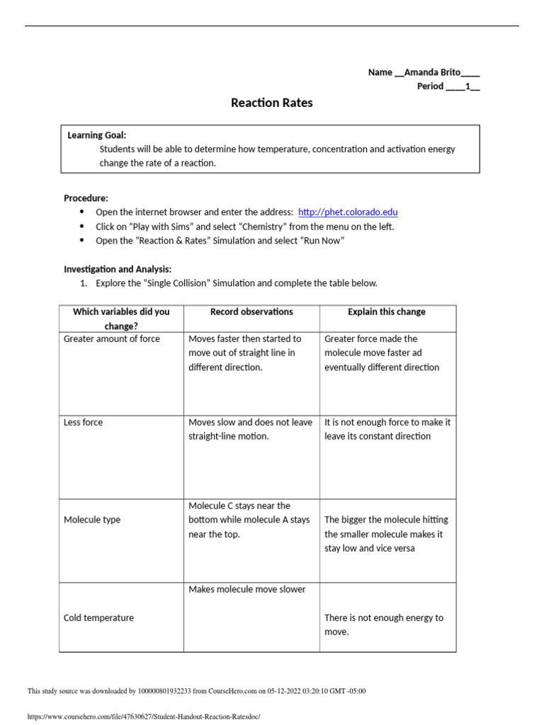 Student Handout Reaction Rates | Download Free PDF | Reaction Rate ...