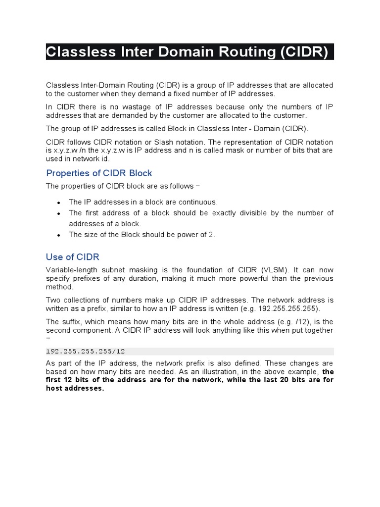 Classless Inter Domain Routing (CIDR) : Properties of CIDR Block | PDF | Ip Address | I Pv6