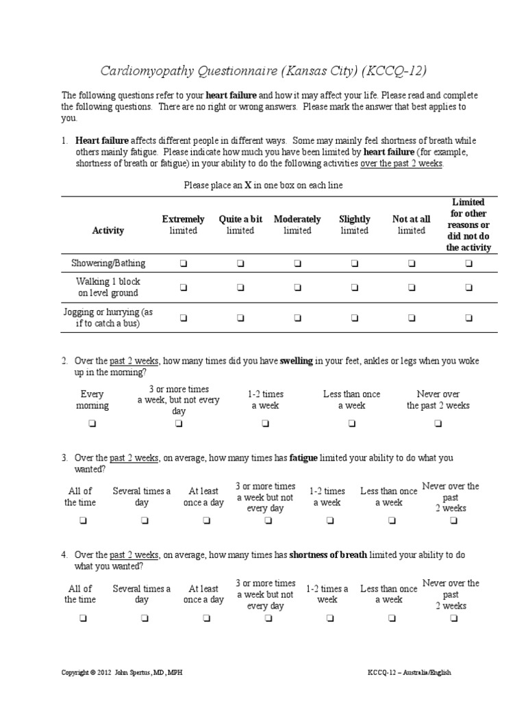 Cardiomyopathy Questionnaire (Kansas City) (KCCQ-12) | PDF | Clinical ...